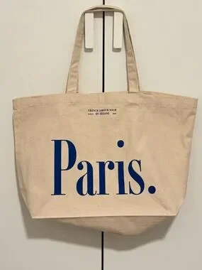 Sezane | Bags | Paris Canvas Tote Bag In Natural With Blue Print | Poshmark